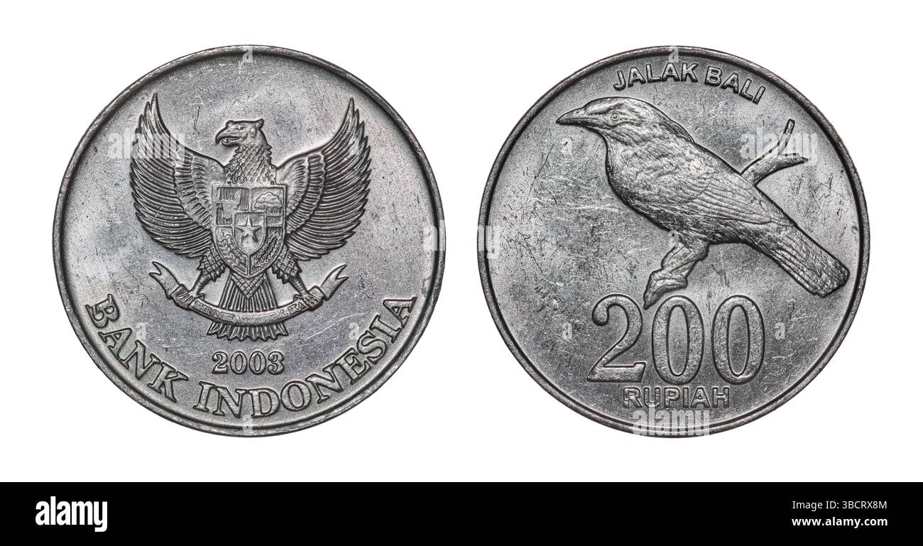 Both sides of 200 Indonesian rupiah coin (2003) with emblem of ...