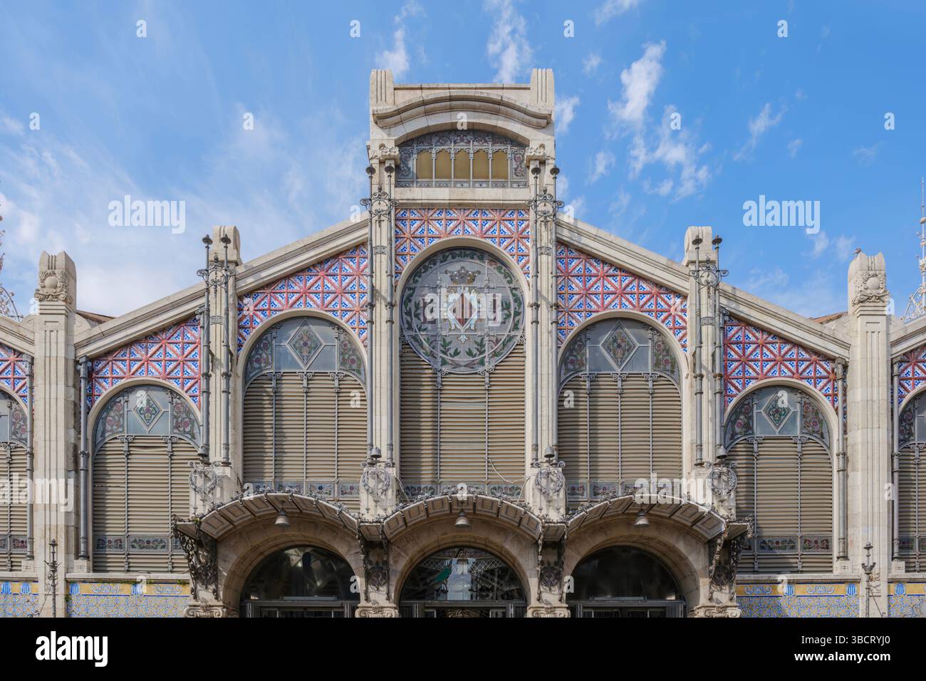 Iconic facade of Valencia's Central Market (Mercado Central), a ...