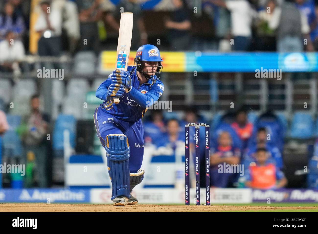 Mumbai Indians' Ryan Rickelton plays a shot during the Indian Premier League cricket match ...