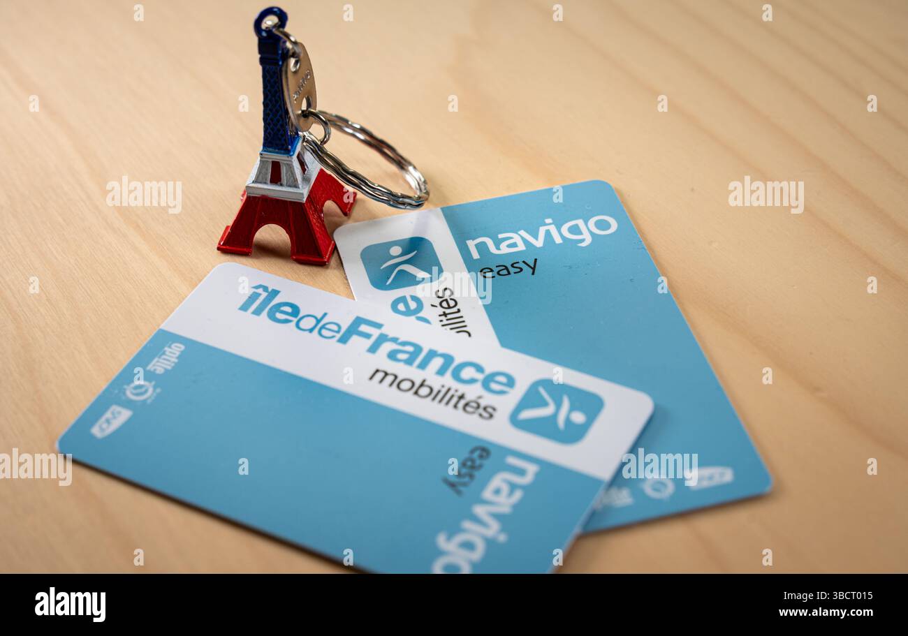 Paris, France. May 21 2025: Eiffel Tower keychain with Navigo pass for ...