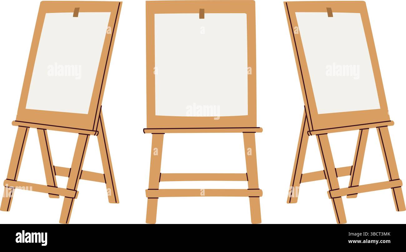 Wooden drawing easels with white blank sheet. Clean picture plank ...