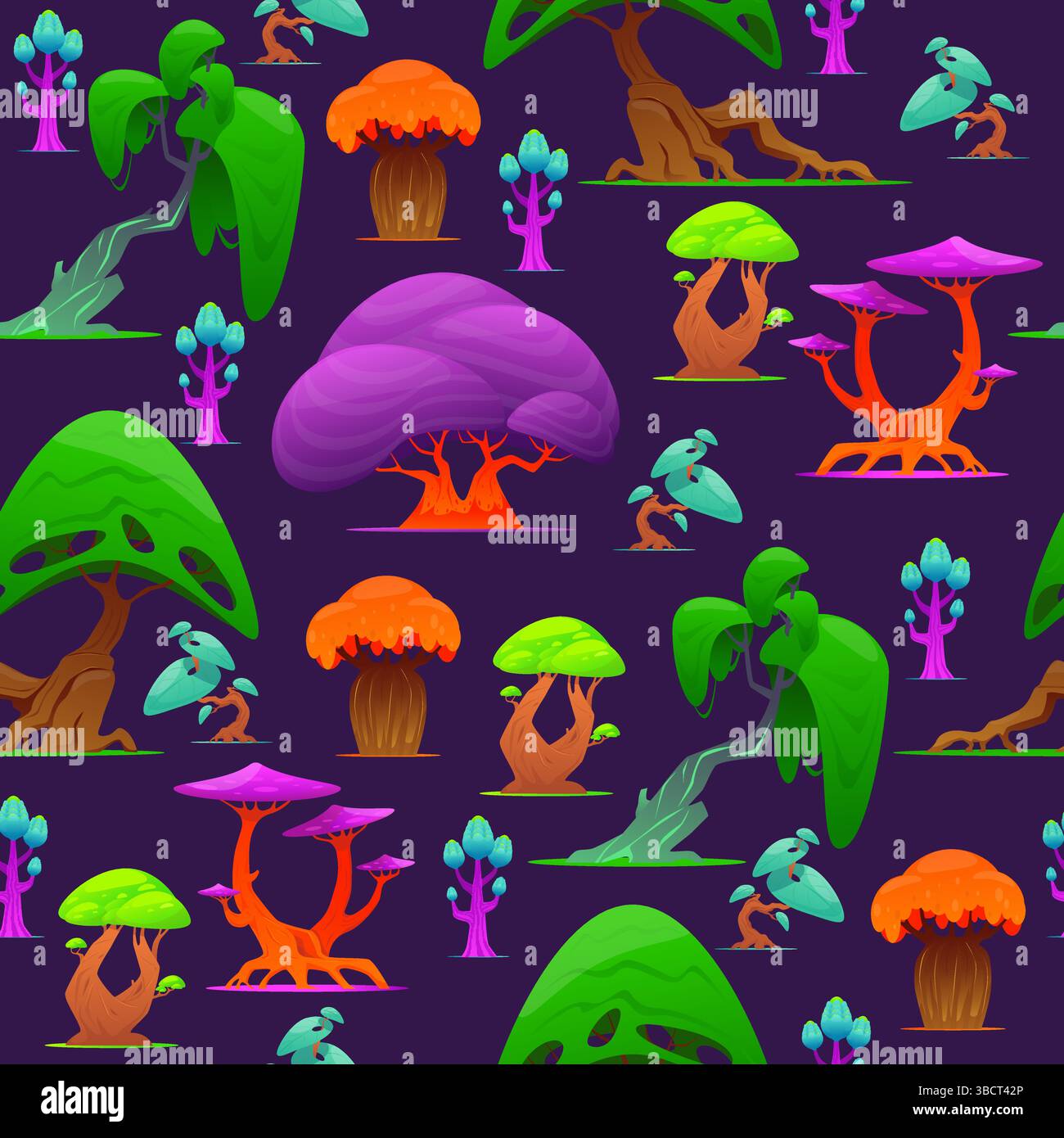 Unusual fantasy and fairy tale trees seamless pattern. Alien plants ...