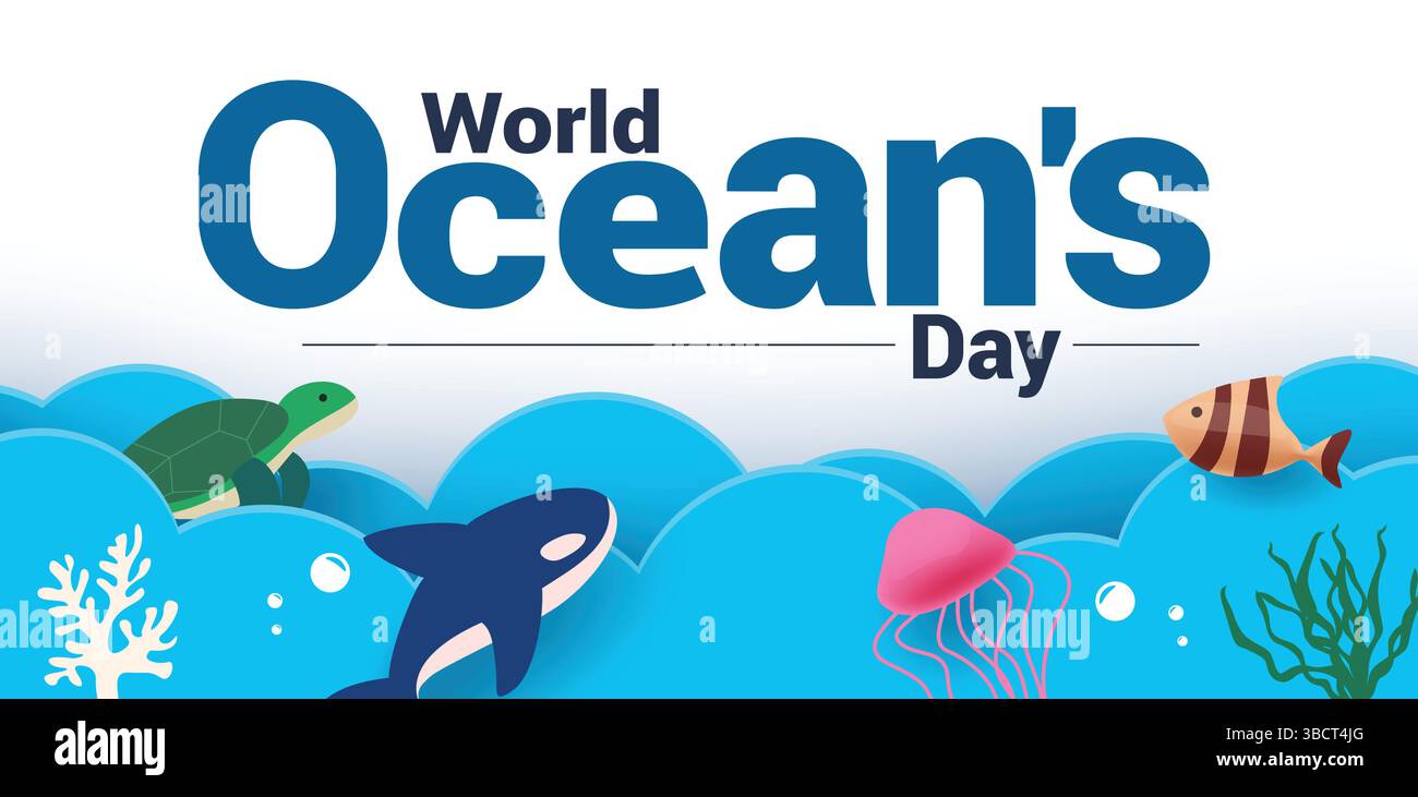 World Ocean's day clipart greeting design with papercut waves and ...