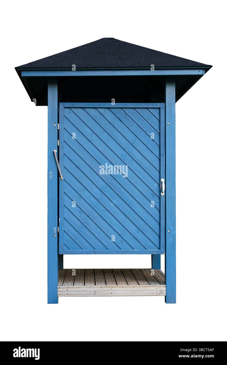 Blue wooden changing cabin isolated on white background with clipping ...