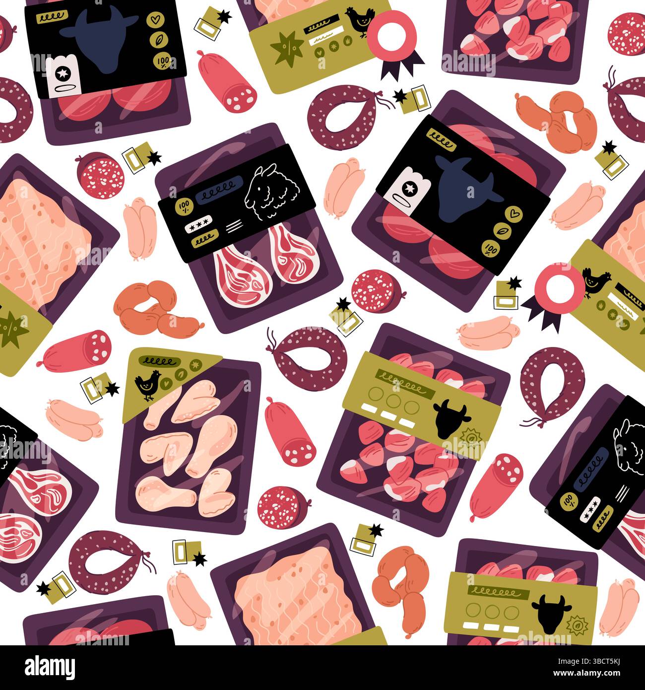 Packaged meat products seamless pattern. Food packaging. Plastic tray ...
