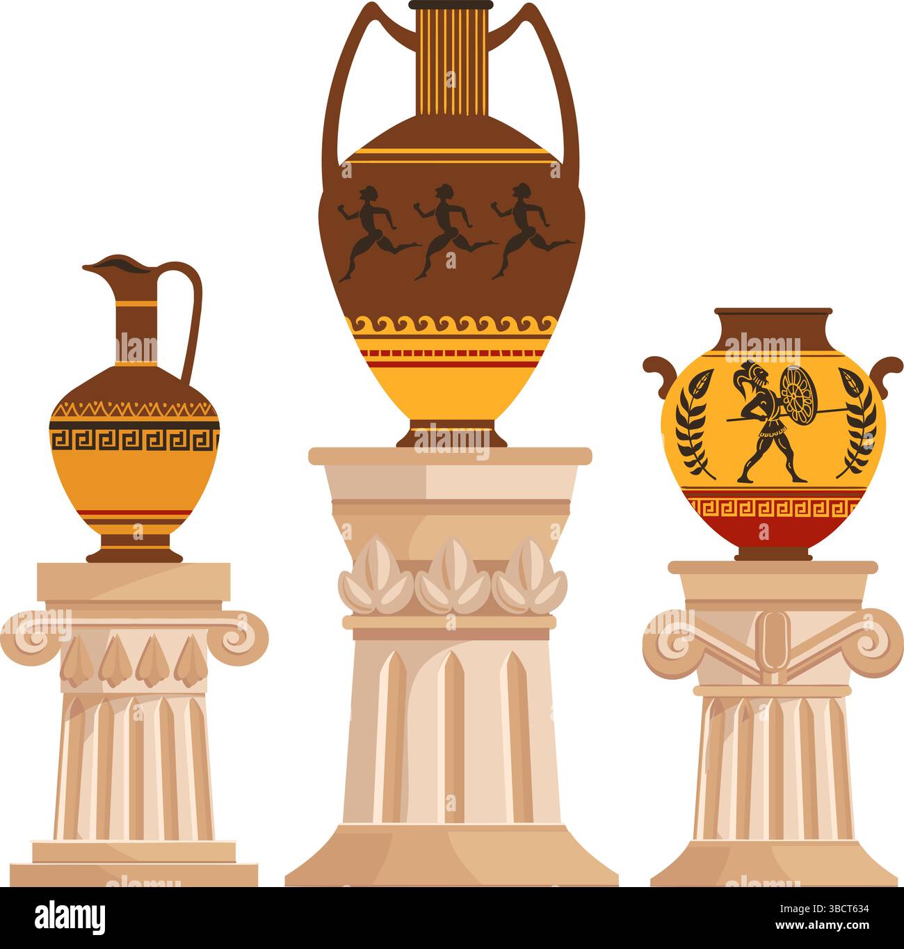 Greek vases stand on pedestal columns in antique museum. Ancient ...