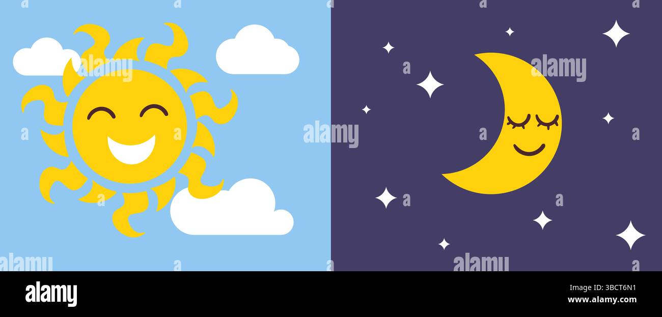 Day and night. Cartoon sun in blue sky. Moon and night stars. Sleeping ...