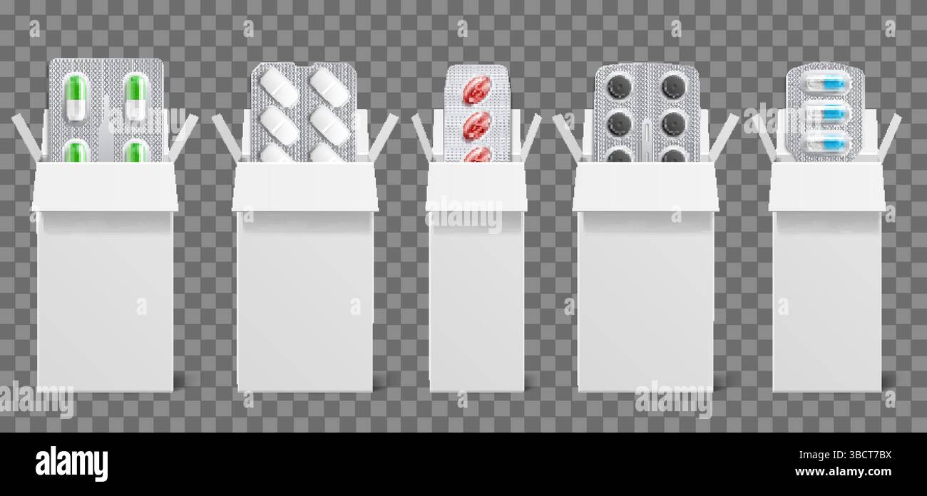 Clean white medicine boxes with medical tablets. 3D pills in blisters ...