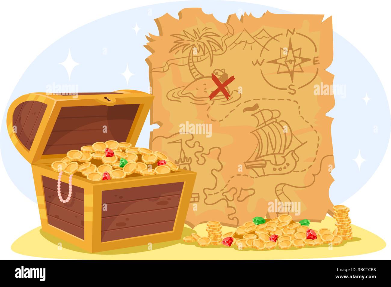Chest with gold coins and gems. Corsair treasure map are discovered ...