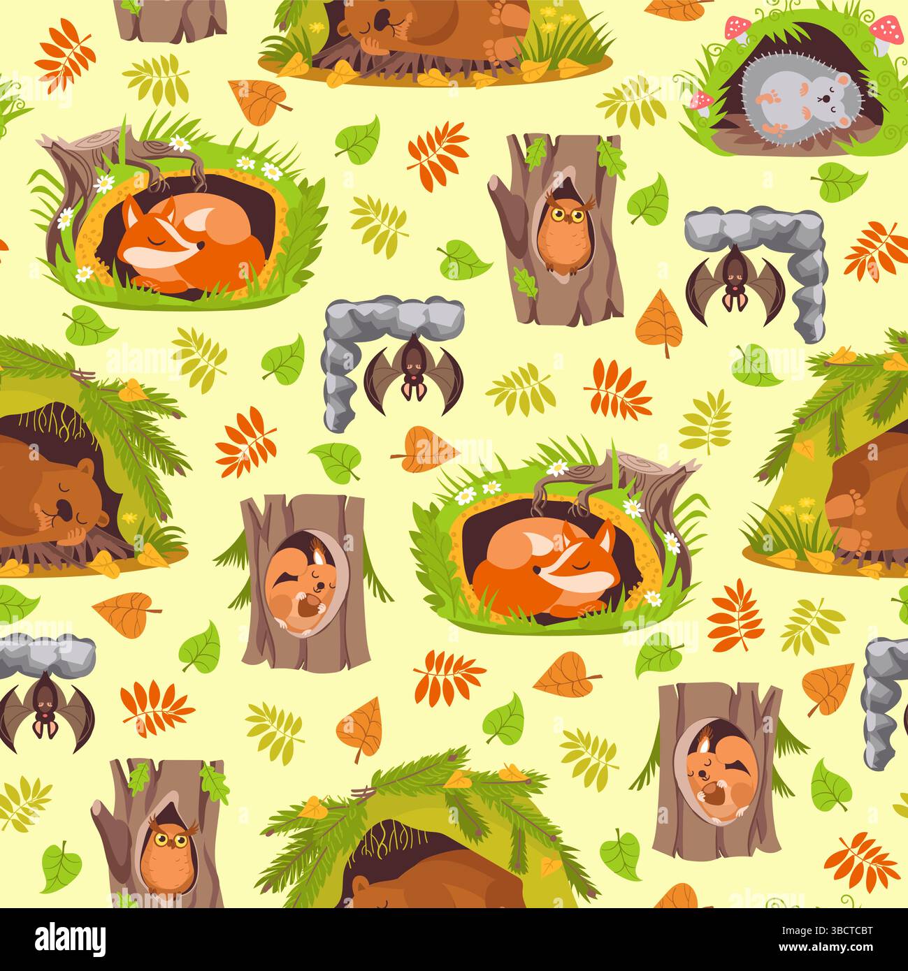 Autumn forest with sleeping animals. Mammals homes seamless pattern ...