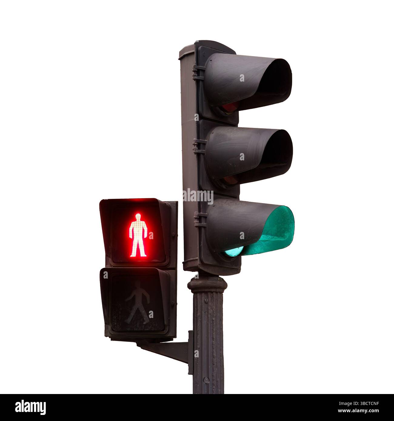 Traffic signal with red pedestrian light isolated on white background ...
