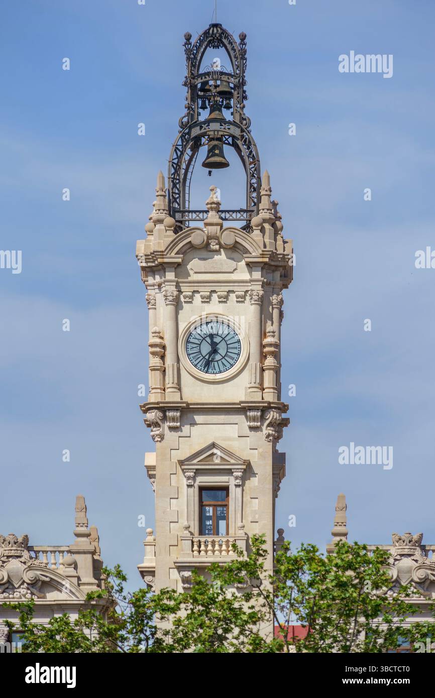 Valencia City Hall Clock Tower And Main Facade, Historic Government ...