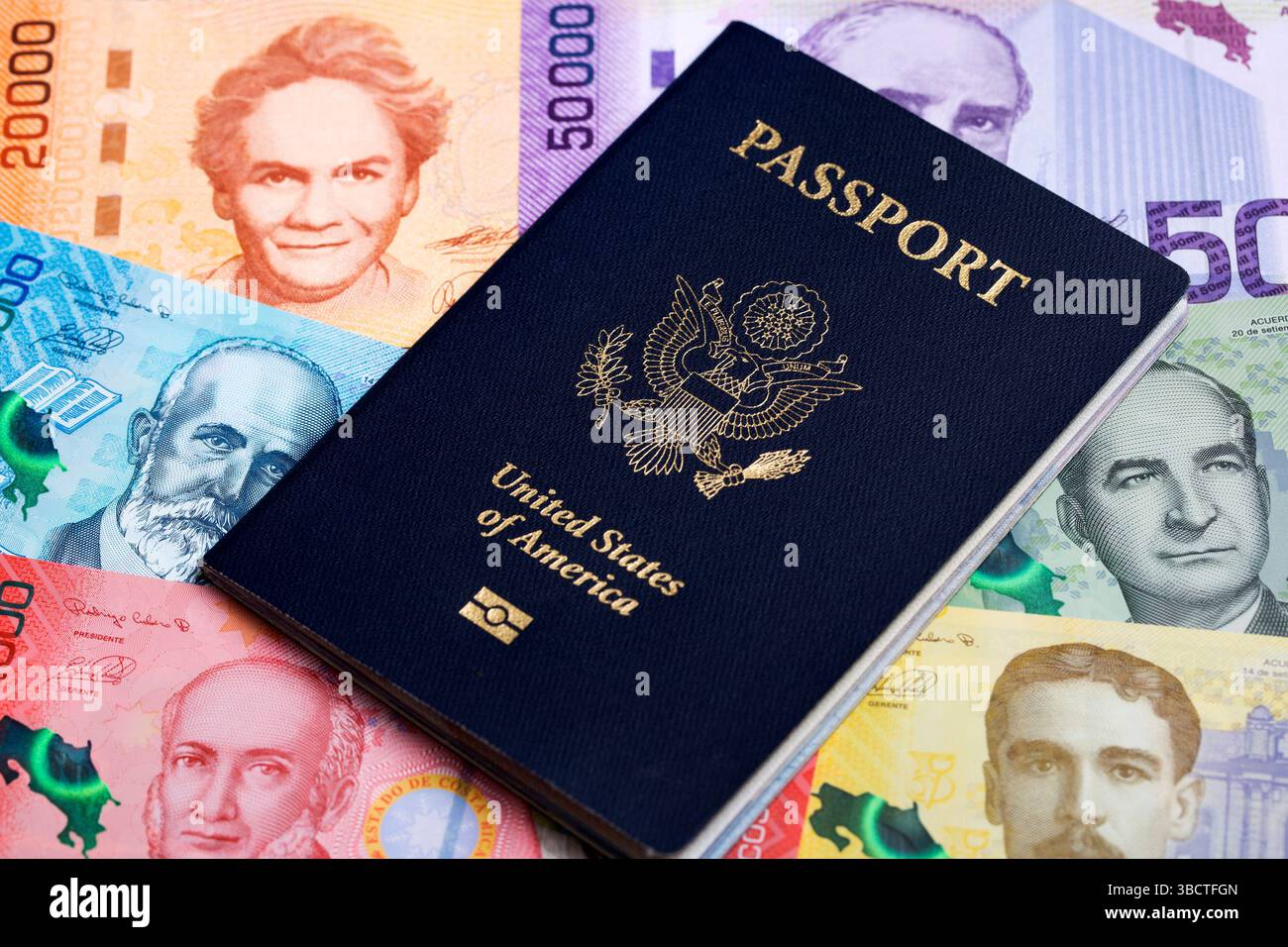 American passport on Costa Rican money - Colon Stock Photo - Alamy