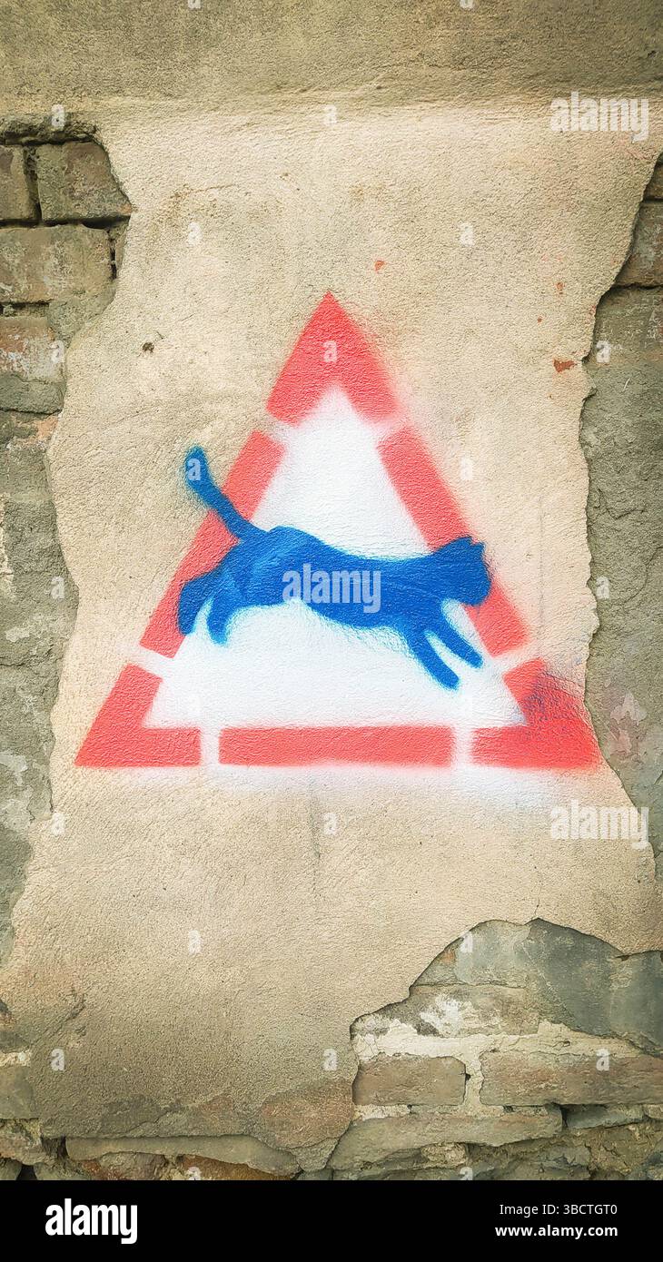 Tbilisi, Georgia – March 2024: Street art with a blue cat stencil ...