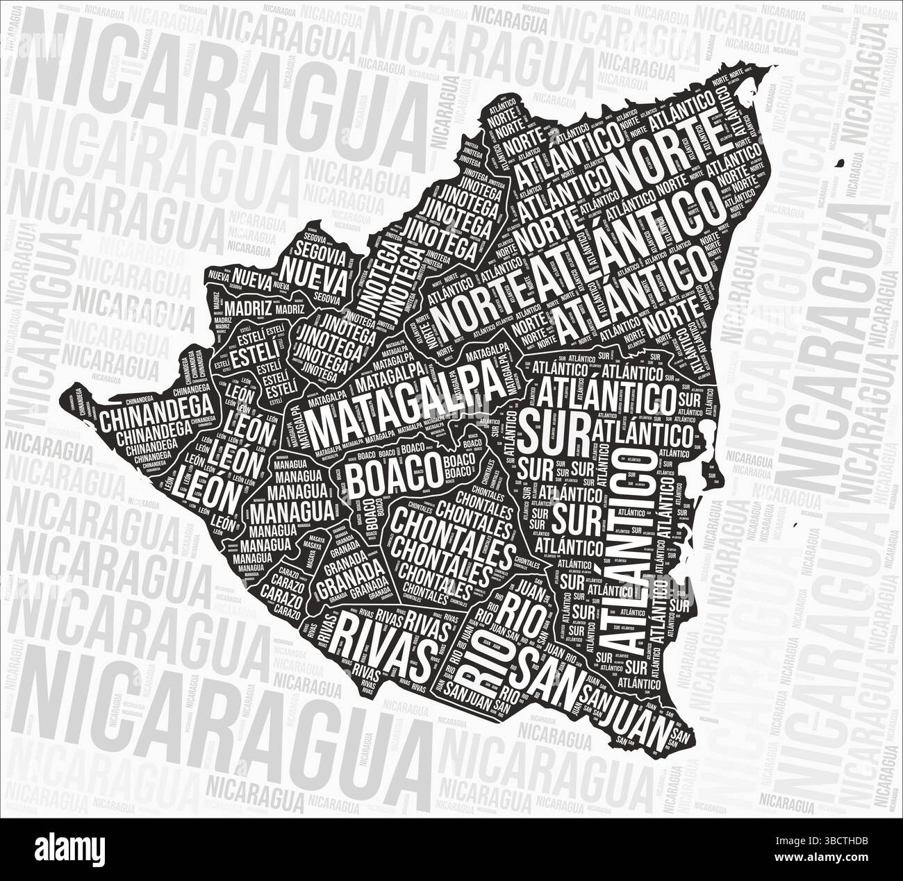 Nicaragua regions map word cloud. Nicaragua region names. Black and ...