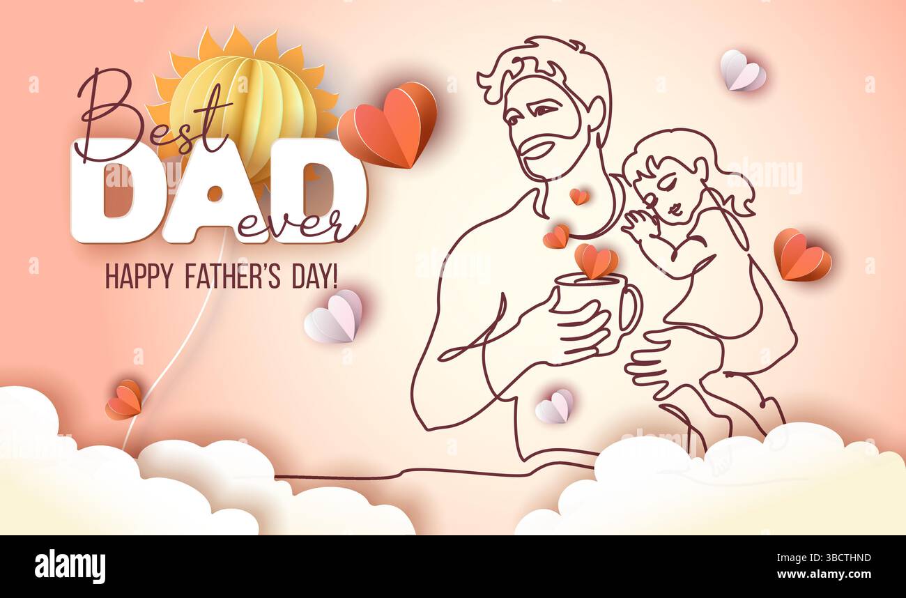 Happy Fathers Day holiday card. Dad drinks morning coffee and holds his ...