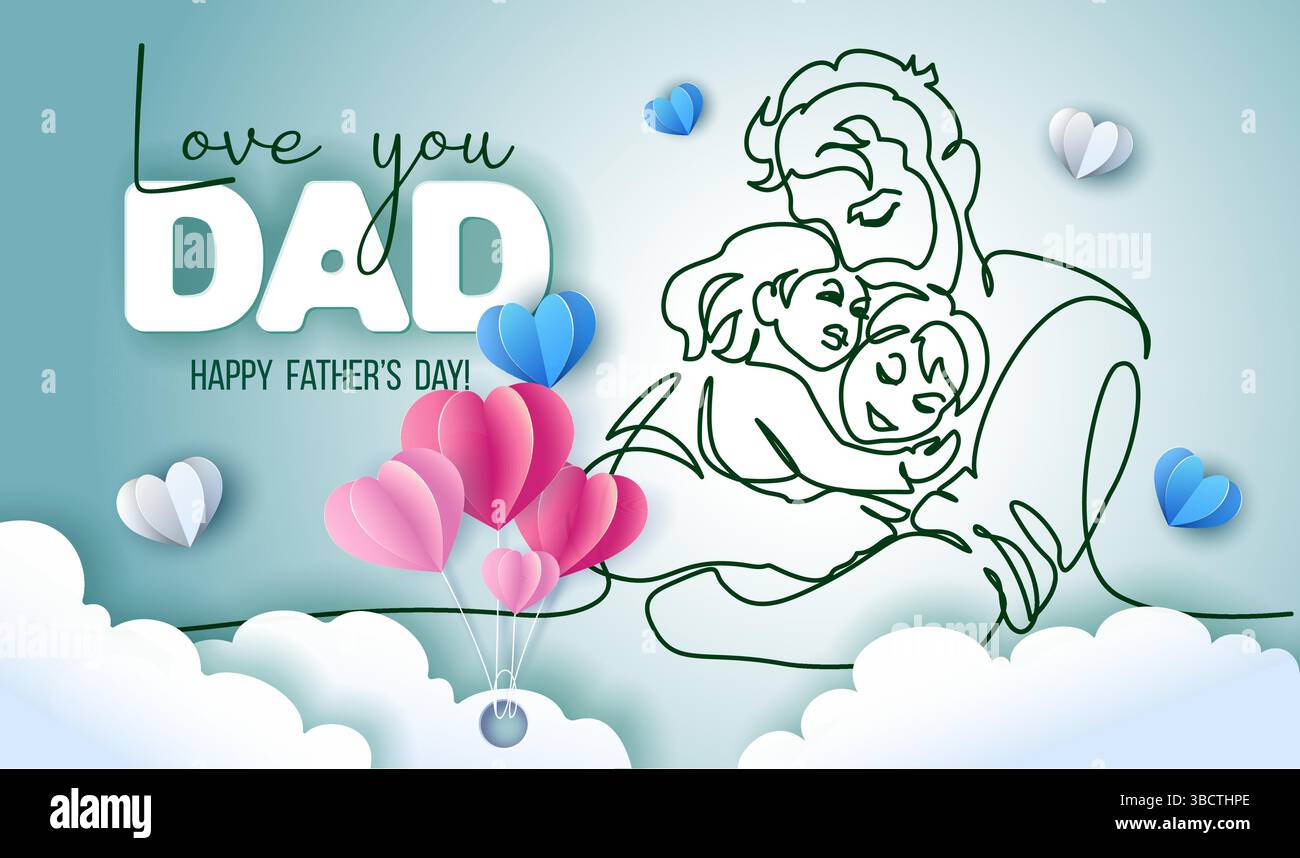 Happy Fathers Day holiday card. Dad hug his kids with big love Stock ...