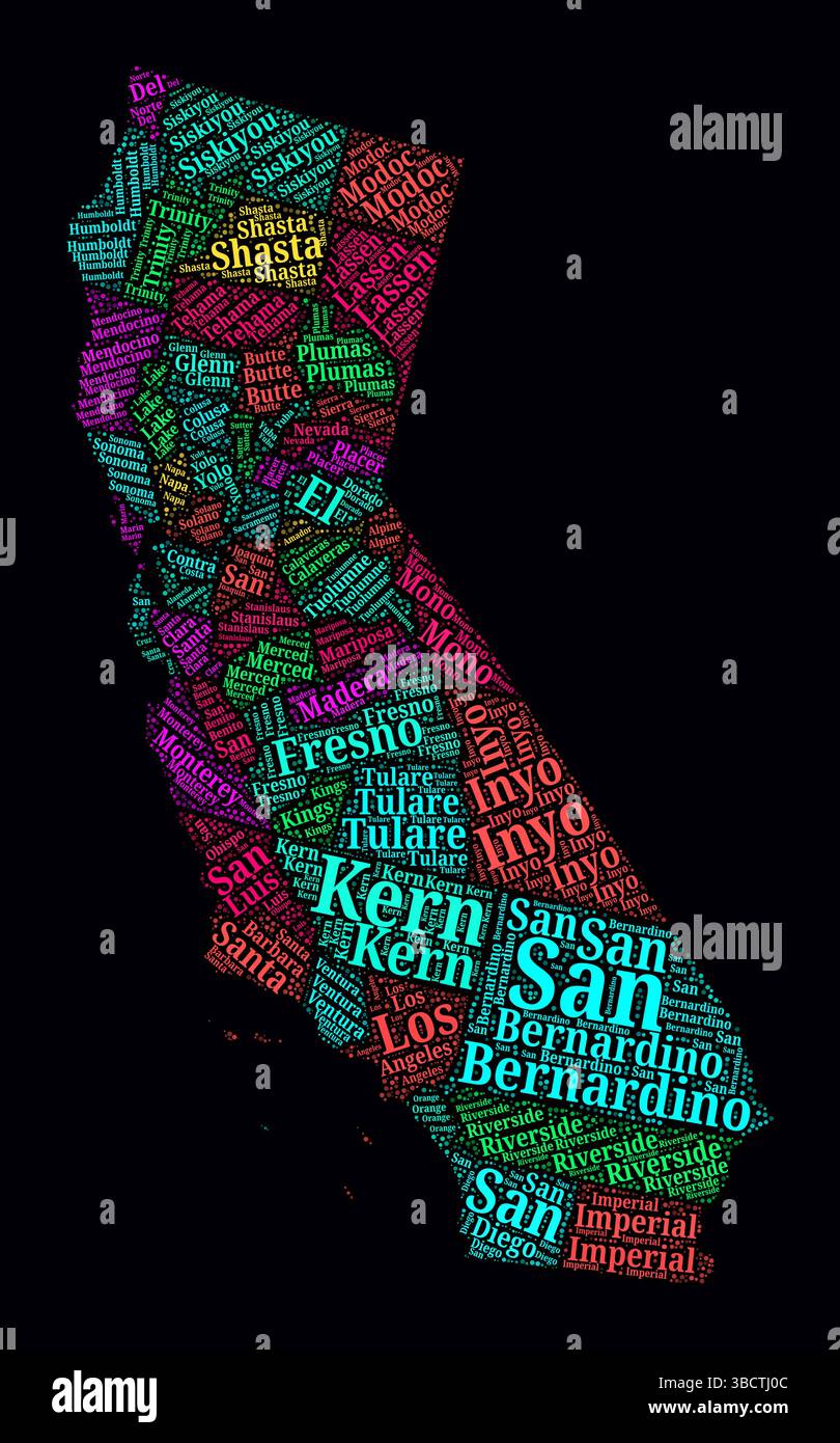 California Regions Word Clouds. Bright typographic style design on dark ...