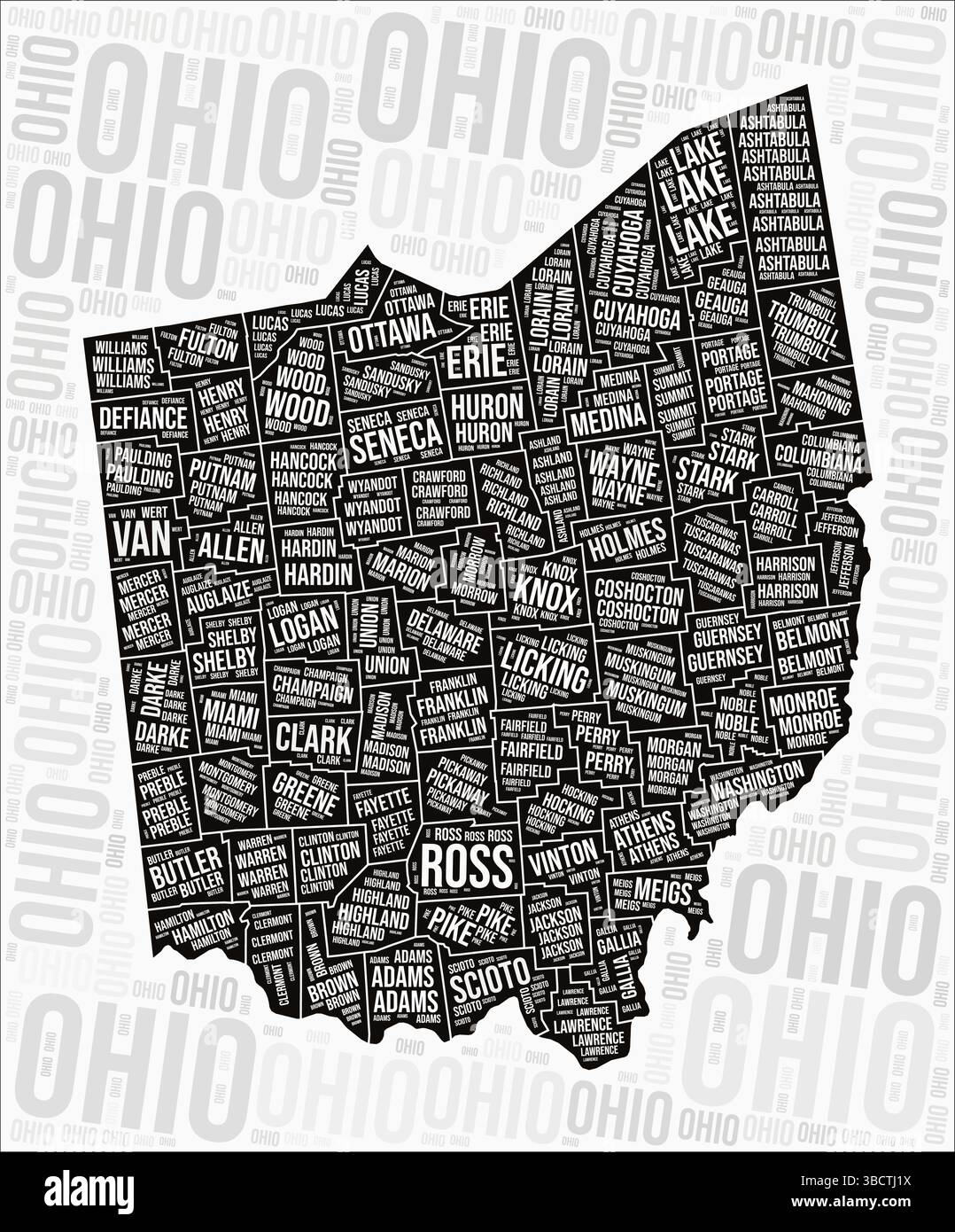 Ohio counties map word cloud. Ohio region names. Black and white map ...
