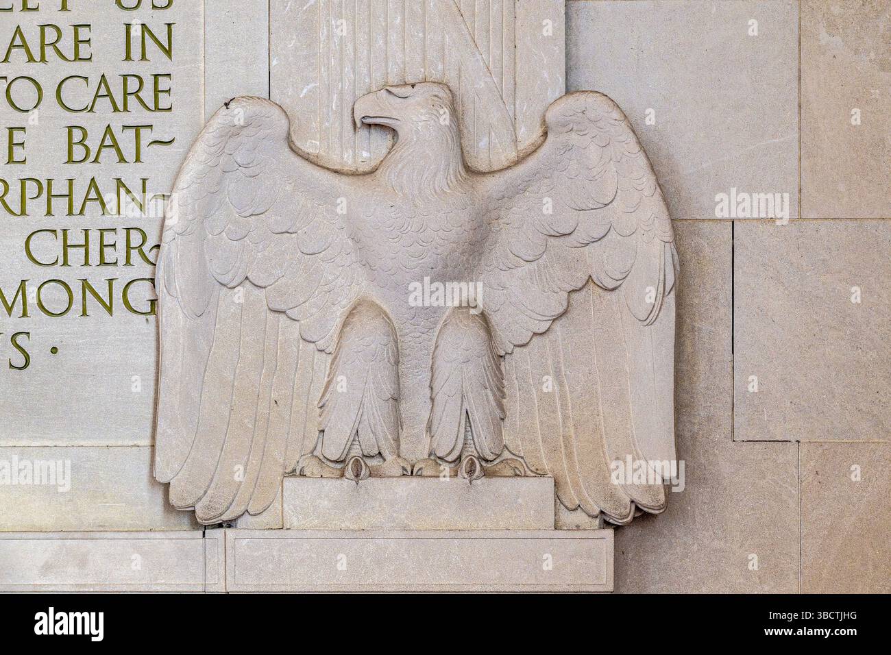 WASHINGTON, DC — A stone eagle sculpture stands prominently inside the ...