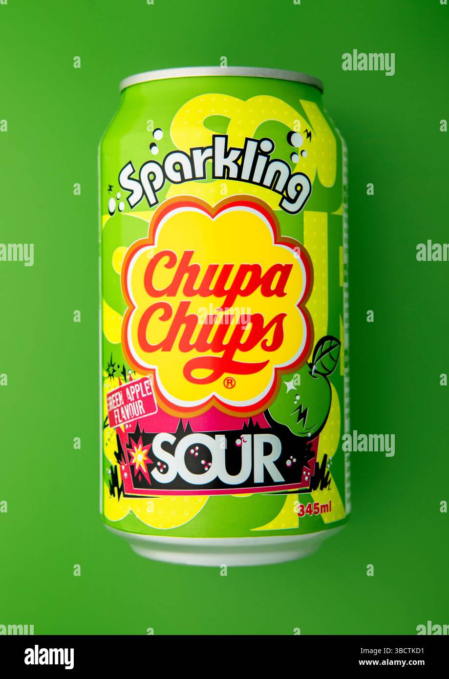 LONDON,UK - APRIL 05, 2025 : Sour Sparkling Chupa Chups soda soft drink ...