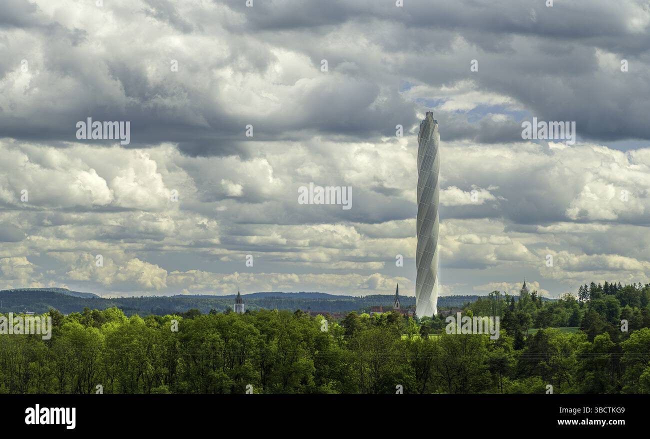 The TK-Elevator test tower in Rottweil next to a church tower. The 246 ...