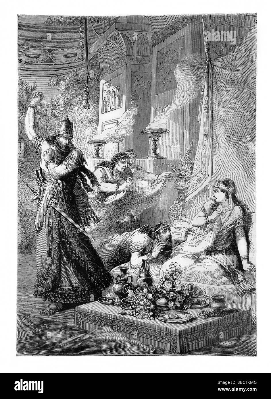 Illustration of Haman discovered by Ahasuerus pleading for his life to ...