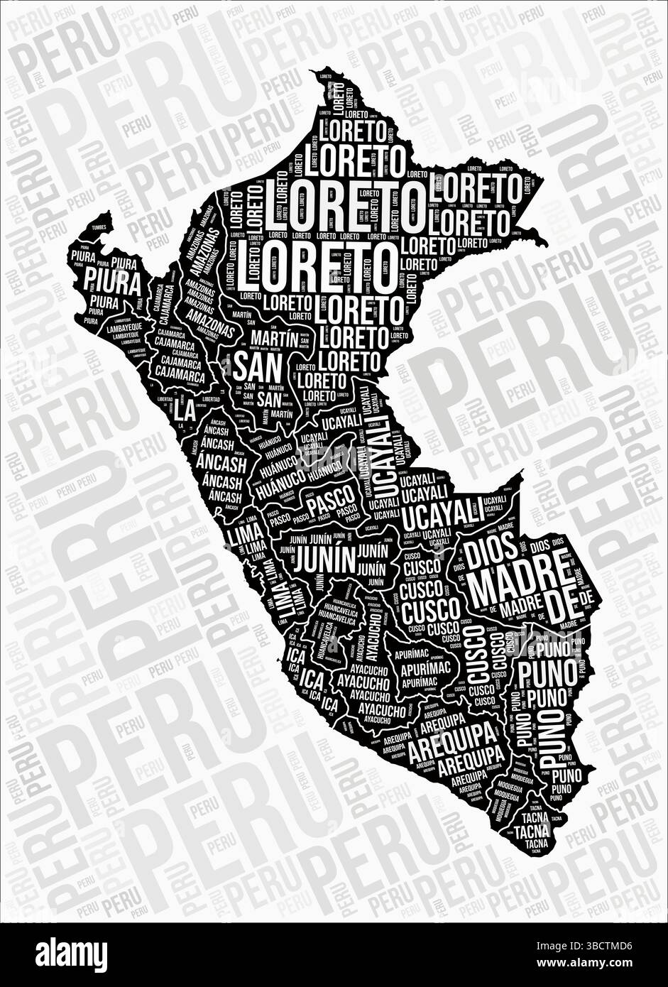 Peru regions map word cloud. Peru region names. Black and white map ...