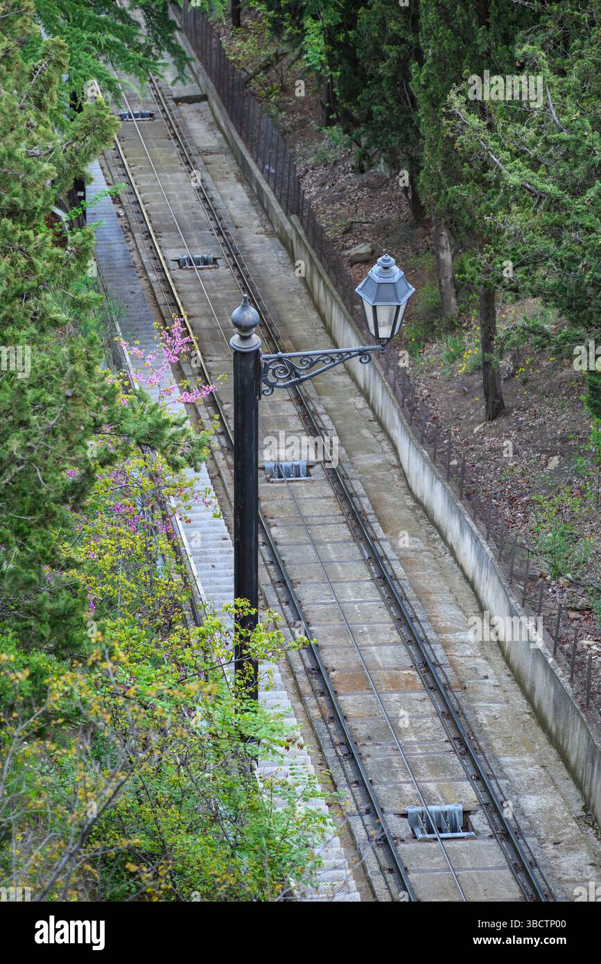 Tracks of funicular railway linking downtown Tbilisi with Mtatsminda ...