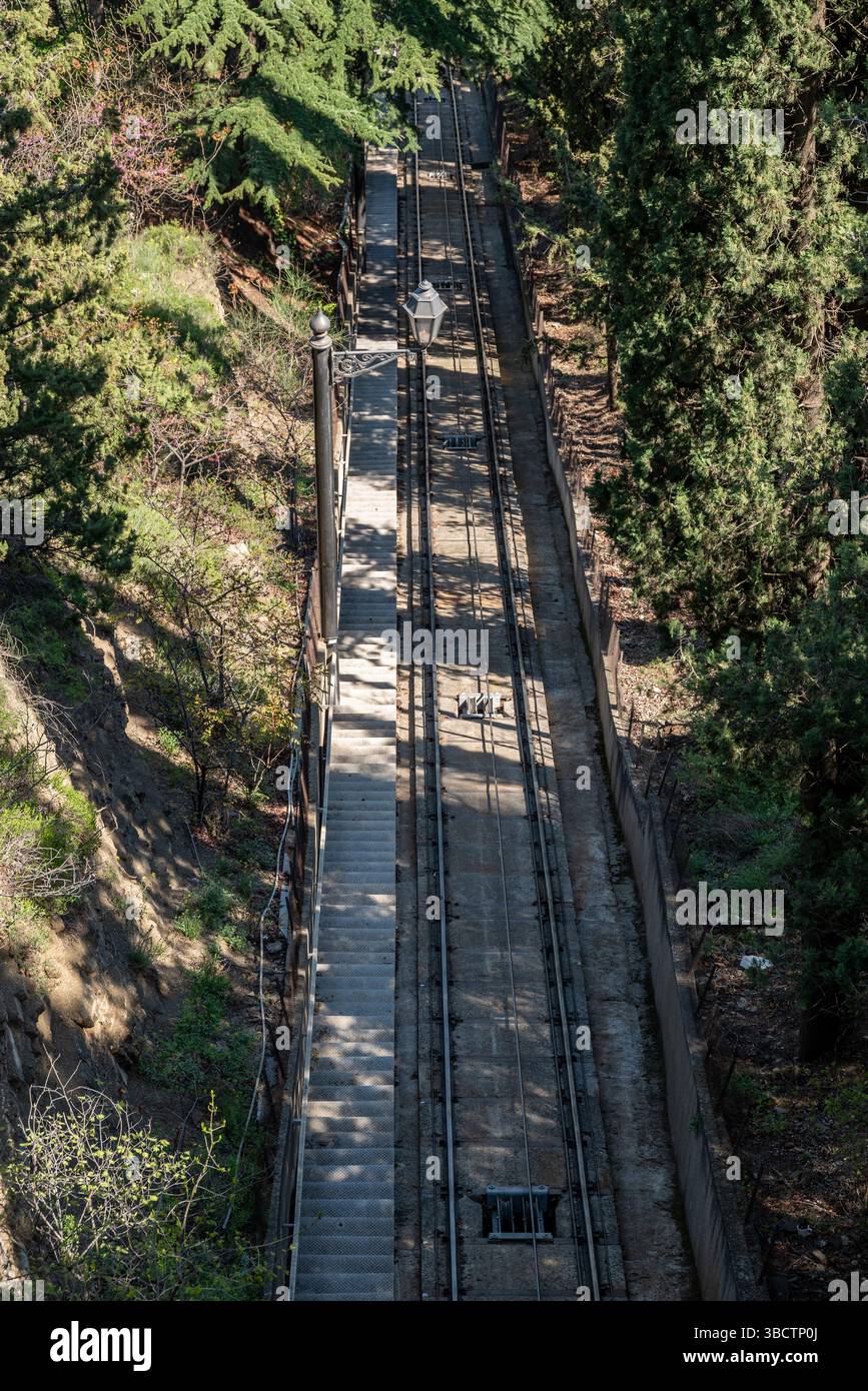 Tracks of funicular railway linking downtown Tbilisi with Mtatsminda ...
