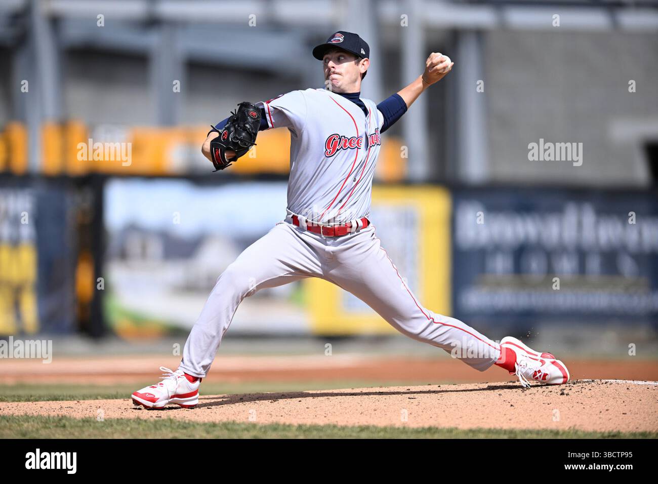 Greenville Drive pitcher Hayden Mullins (16) delivers a pitch during ...