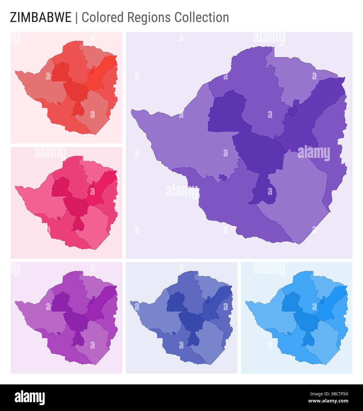 Zimbabwe map collection. Country shape with colored regions. Deep ...