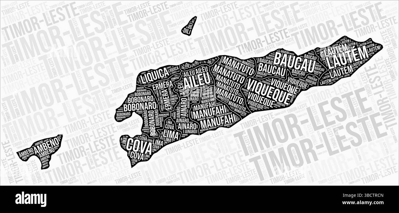 Timor-Leste regions map word cloud. Timor-Leste region names. Black and white map design ...