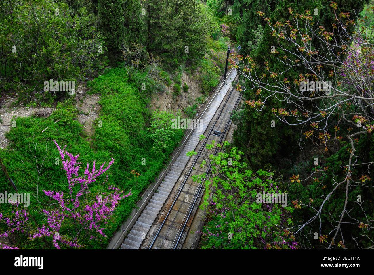 Tracks of funicular railway linking downtown Tbilisi with Mtatsminda ...
