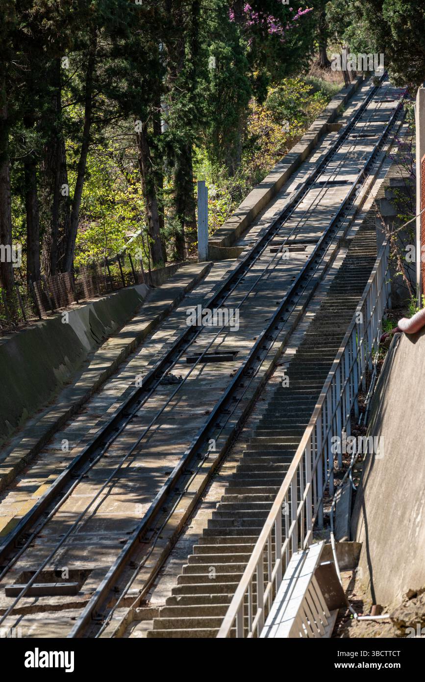 Tracks of funicular railway linking downtown Tbilisi with Mtatsminda ...