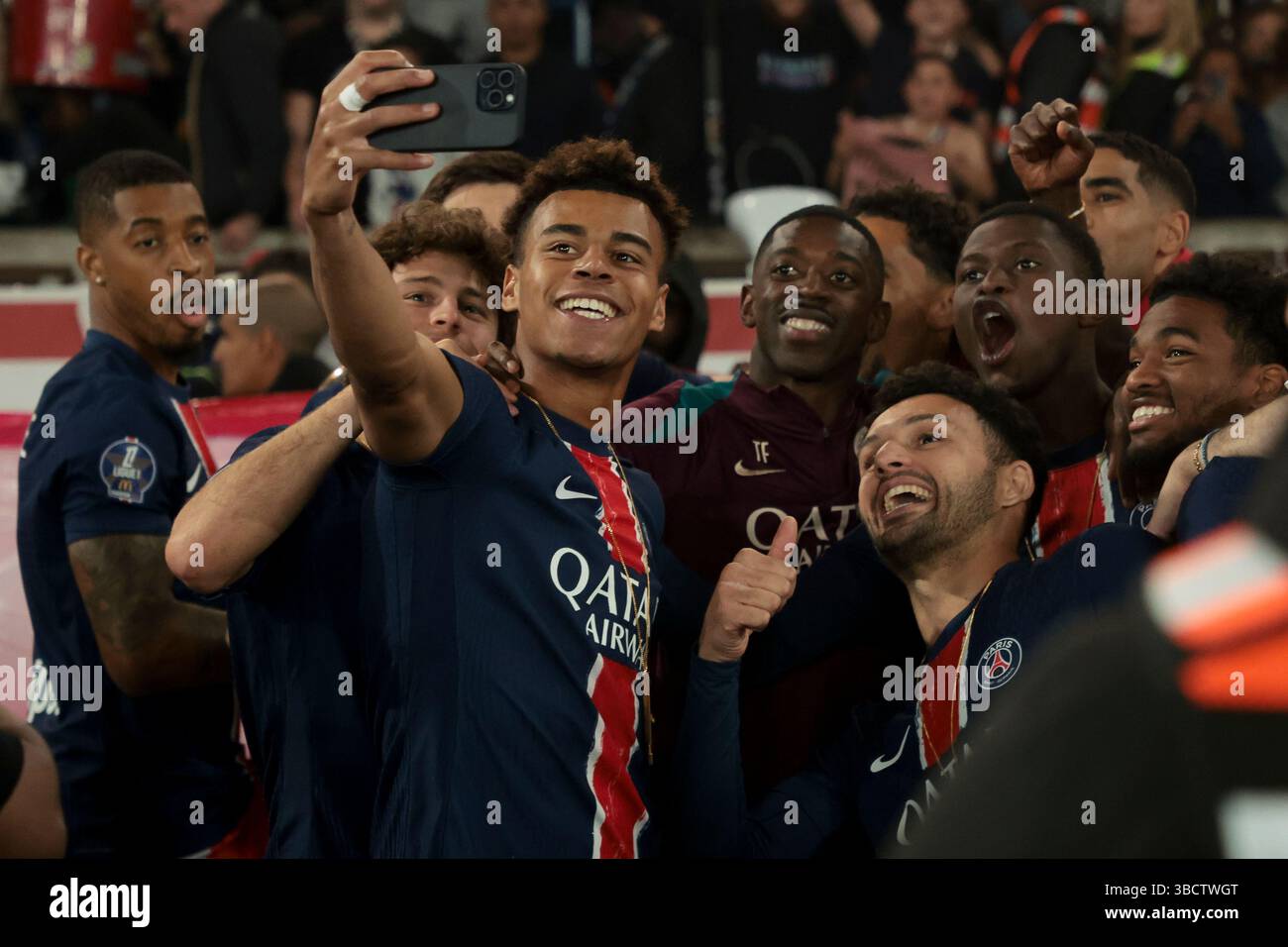 Paris, France. 17th May, 2025. Desire Doue, Ousmane Dembele, Goncalo ...