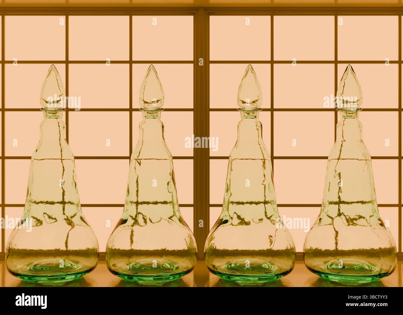 Collection of 4 large clear glass carboys on a on a windowsill, outside ...