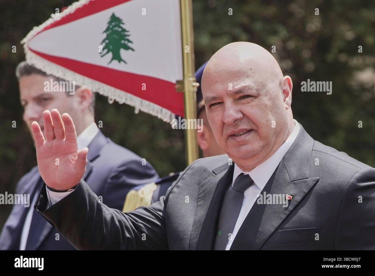Lebanese President Joseph Aoun, center, gestures to journalists at the ...