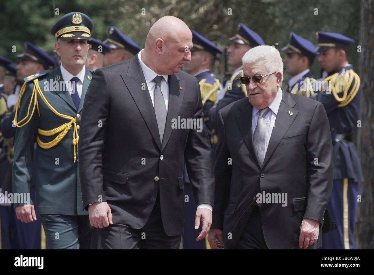 Lebanese President Joseph Aoun, left, speaks with Palestinian President ...