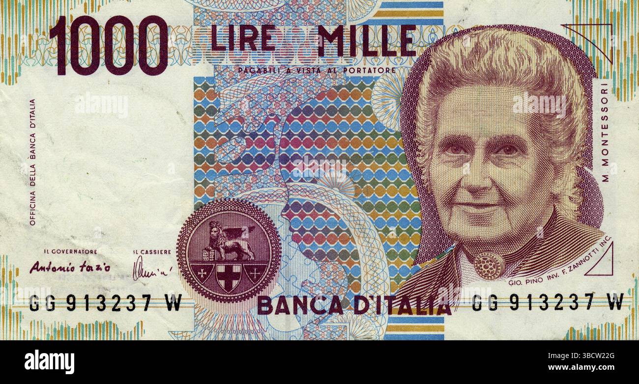 Banknote, 1000 Lire, Italy, Maria Montessori, 1990, Europe Stock Photo ...