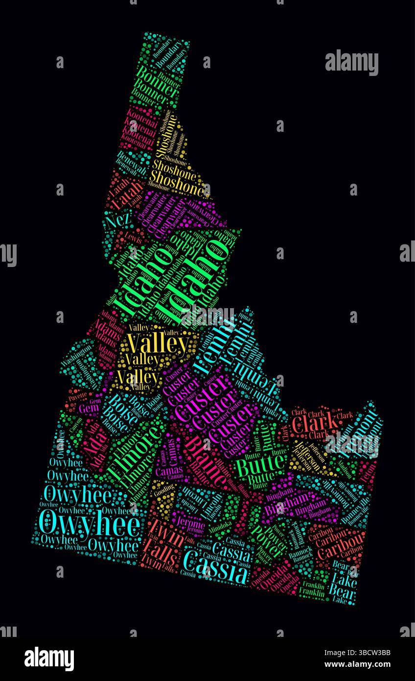 Idaho Word Cloud. Bright neon style design on dark background. Region ...