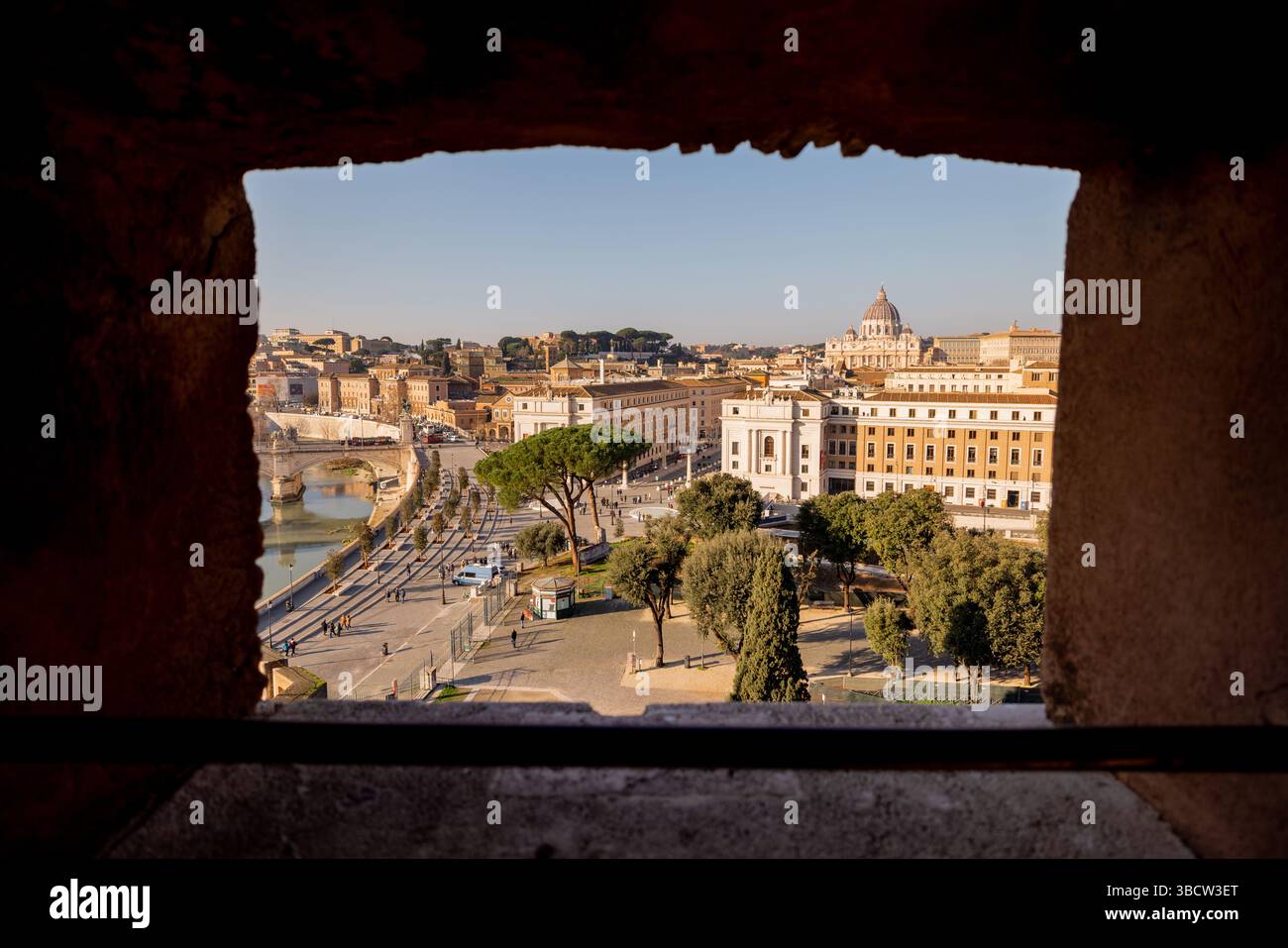 A stunning view of St. Peters Basilica and the Tiber River framed by ...