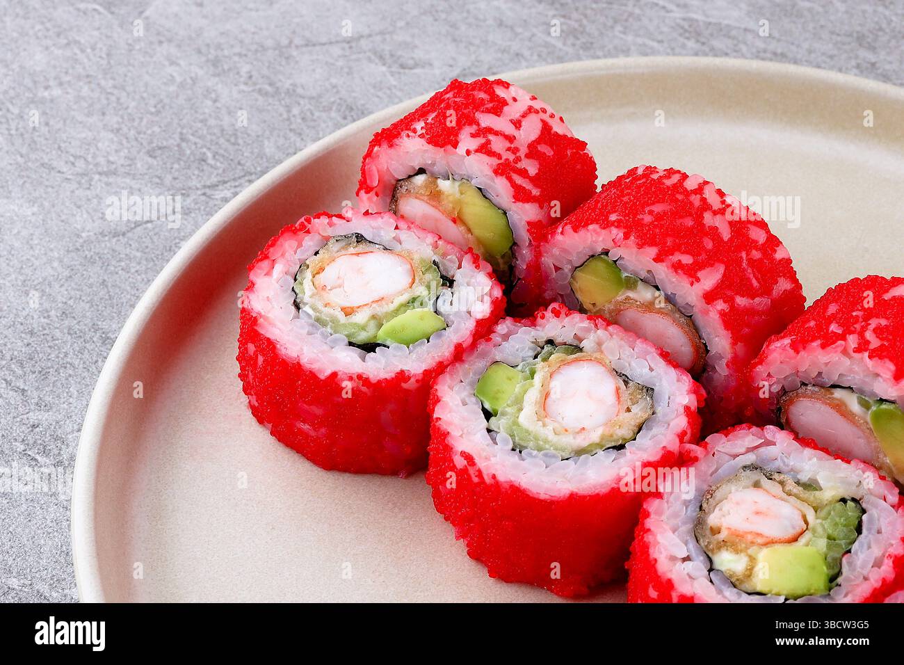 Red Tobiko Shrimp Tempura Roll Stock Photo - Alamy