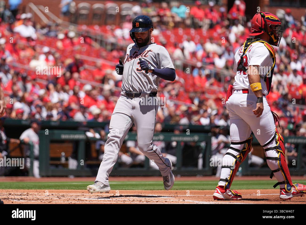 Detroit Tigers' Riley Greene (31) scores past St. Louis Cardinals ...