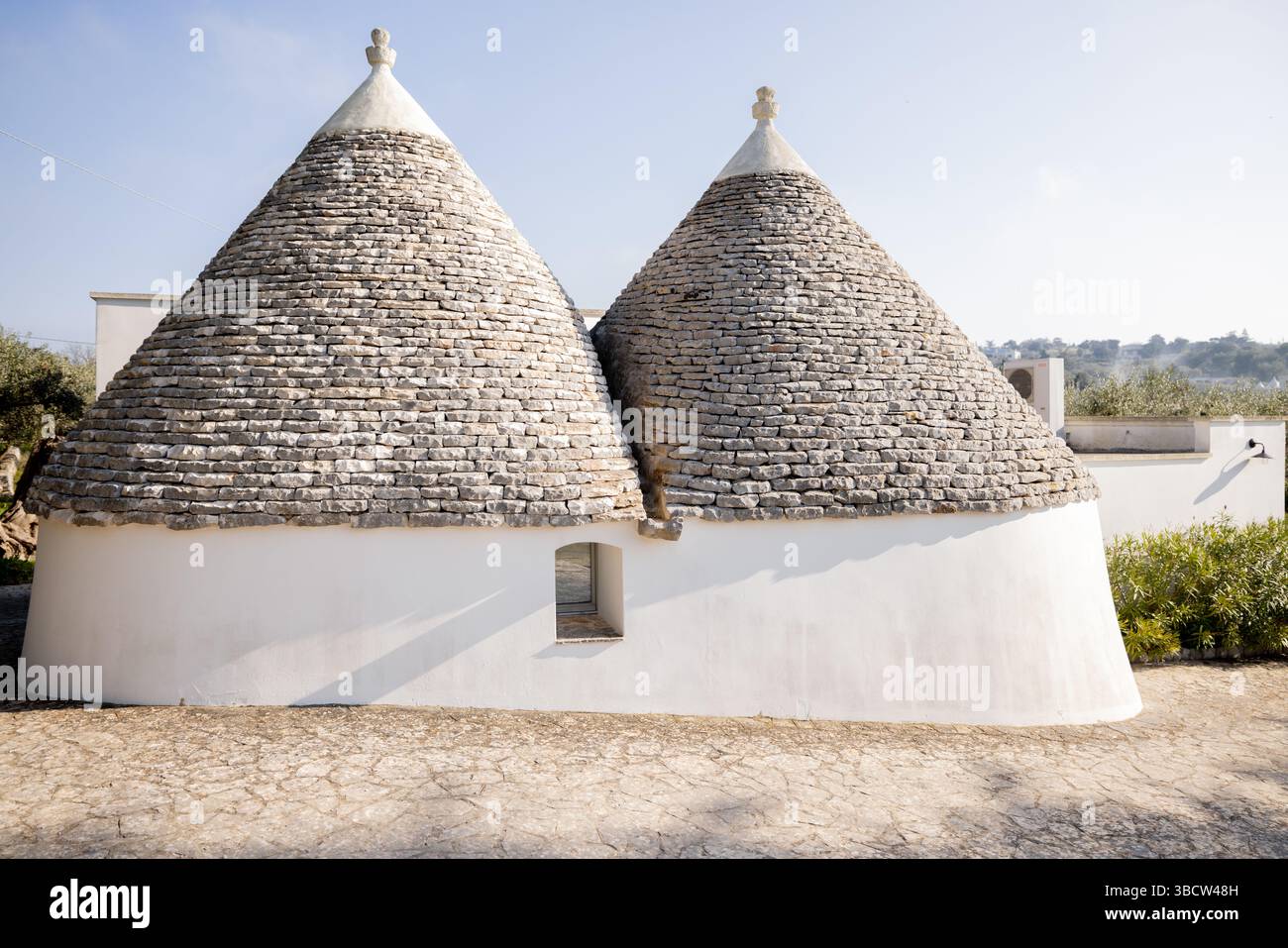 Two traditional conical roofs of a whitewashed trullo house under a ...