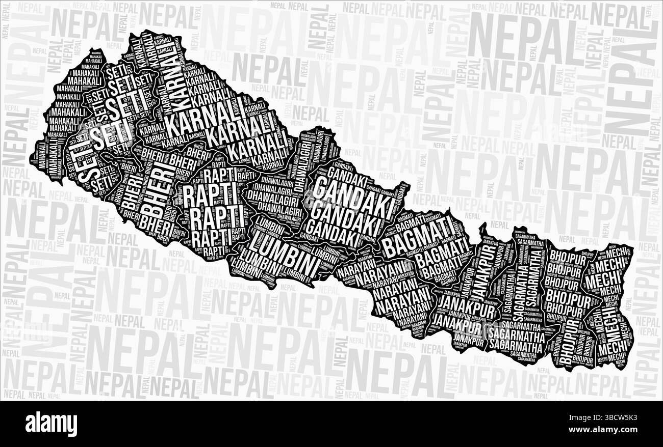 Nepal regions map word cloud. Nepal region names. Black and white map ...