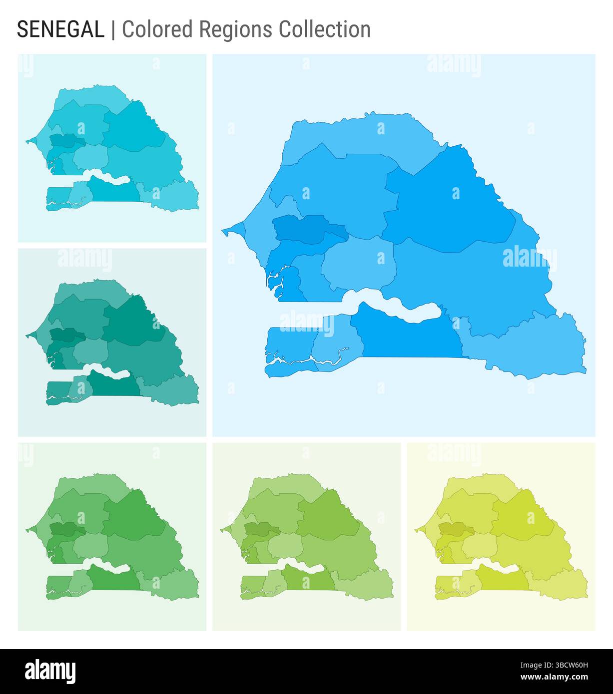 Senegal map collection. Country shape with colored regions. Light Blue ...