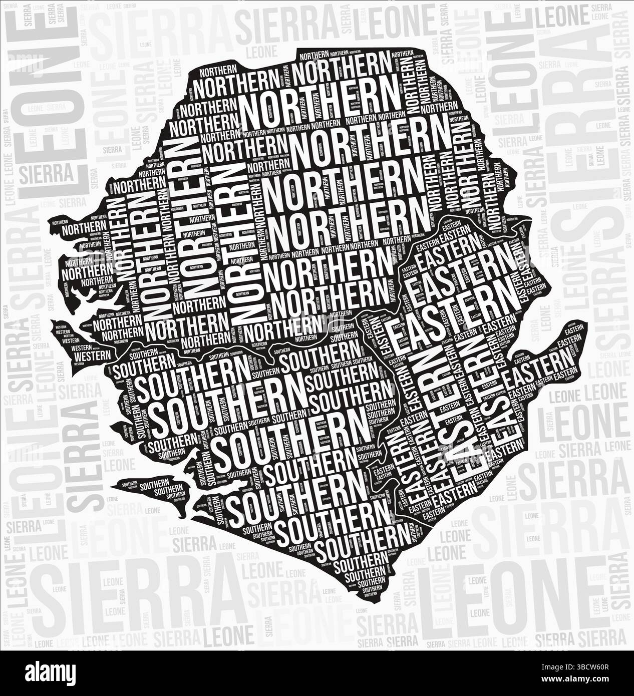 Sierra Leone regions map word cloud. Sierra Leone region names. Black ...