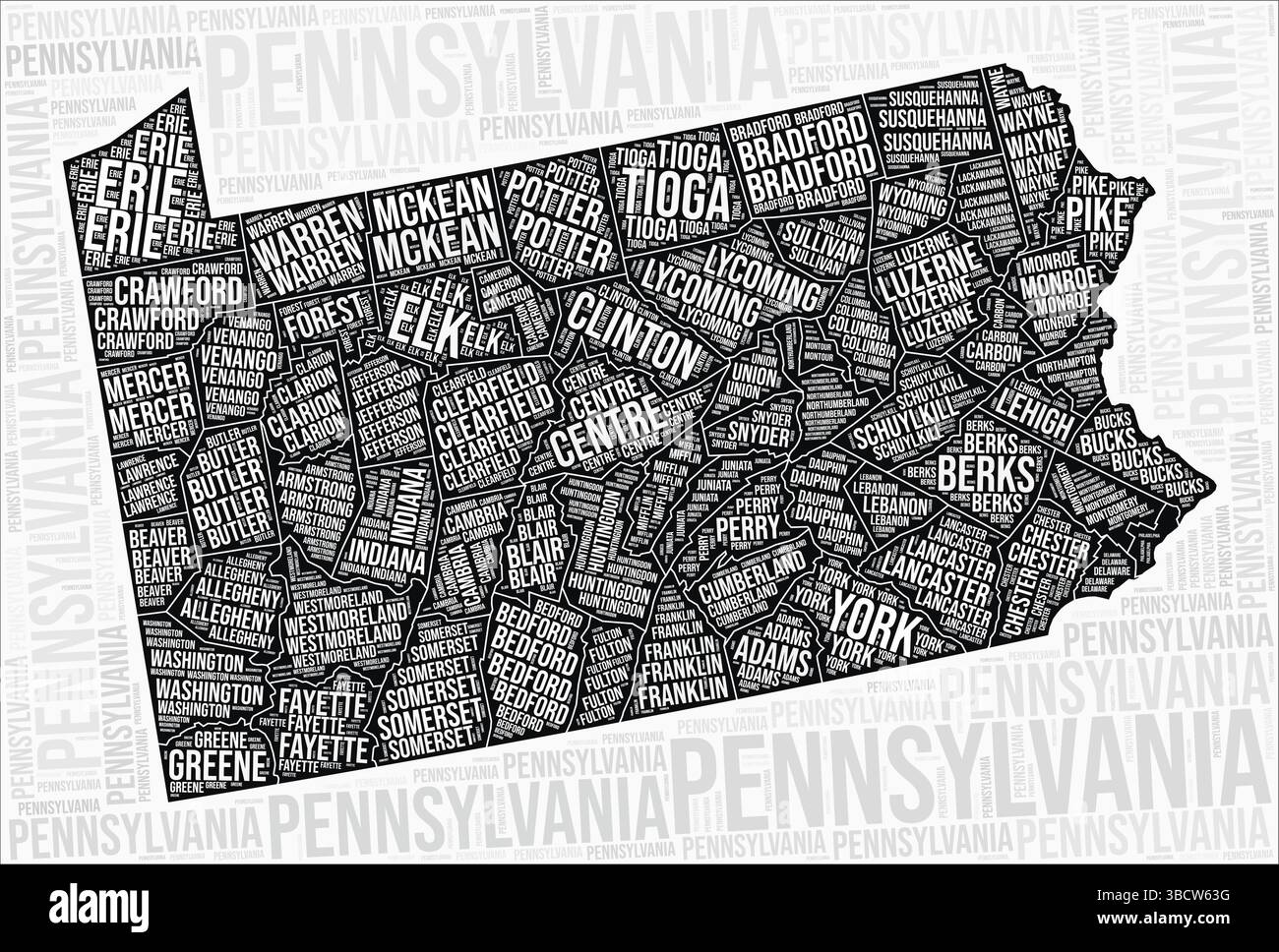 Pennsylvania counties map word cloud. Pennsylvania region names. Black ...