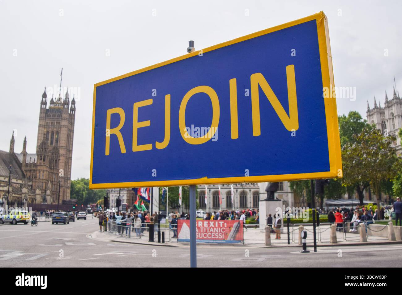 London, UK. 21st May, 2025. A 'Rejoin' placard is seen during a protest ...
